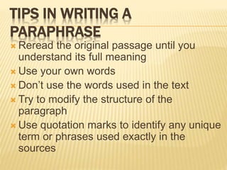 English 9 - Paraphrasing | PPT