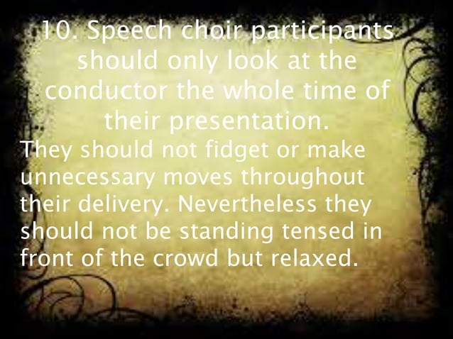 English 9 - Speech Choir definition, elements and tips.pptx | Music | Entertainment