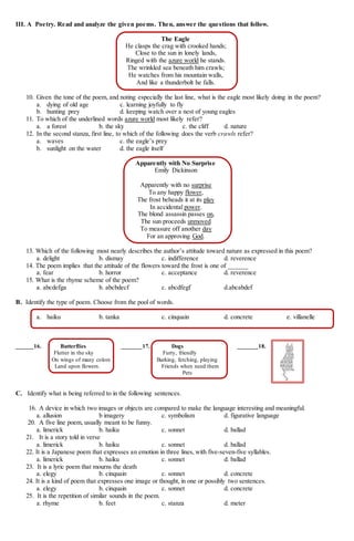 English 9 | DOCX | Poetry | Books and Literature