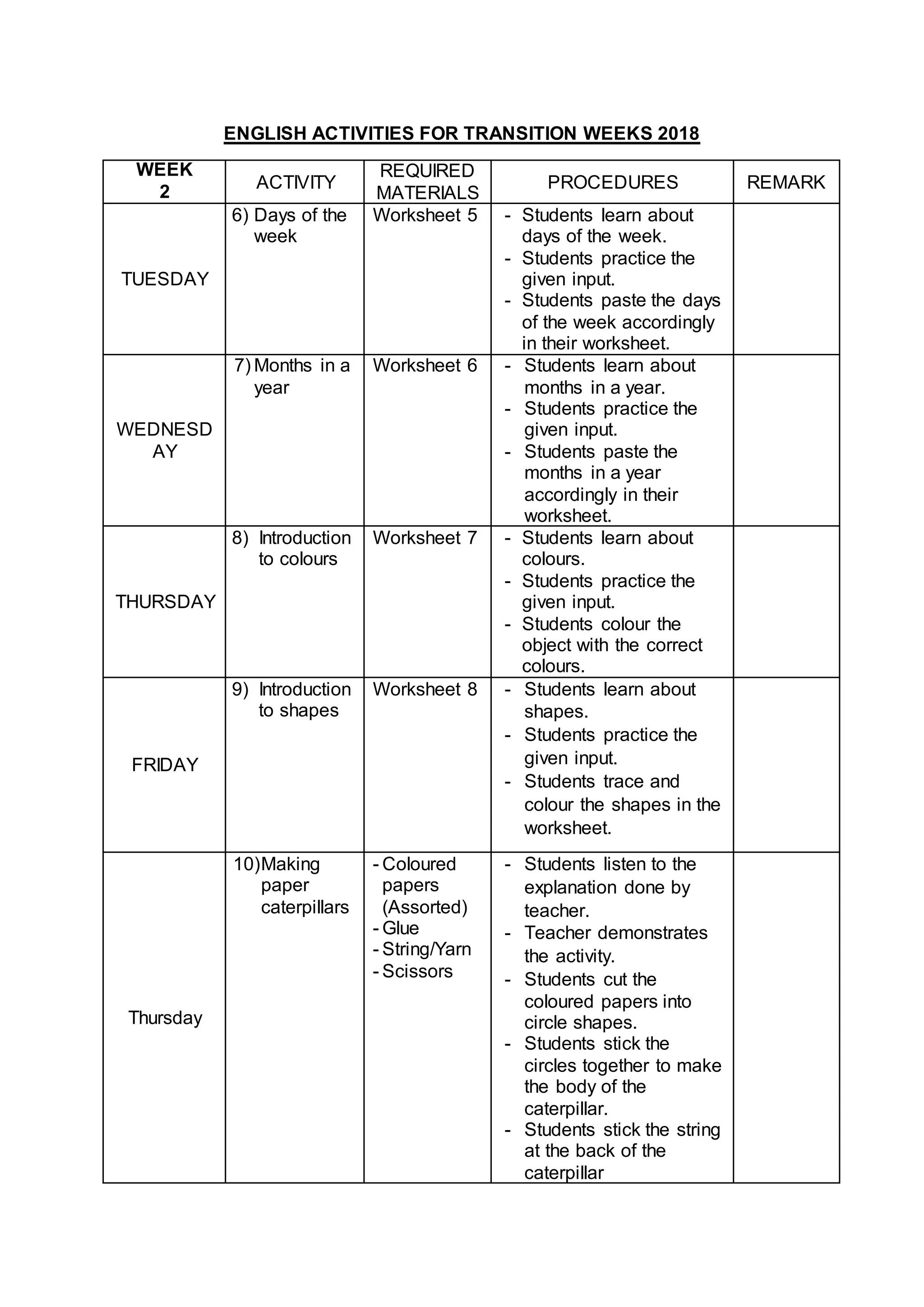 English activities for transition weeks 2017 | PDF