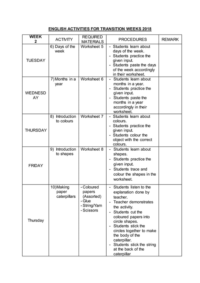 English activities for transition weeks 2017 | PDF