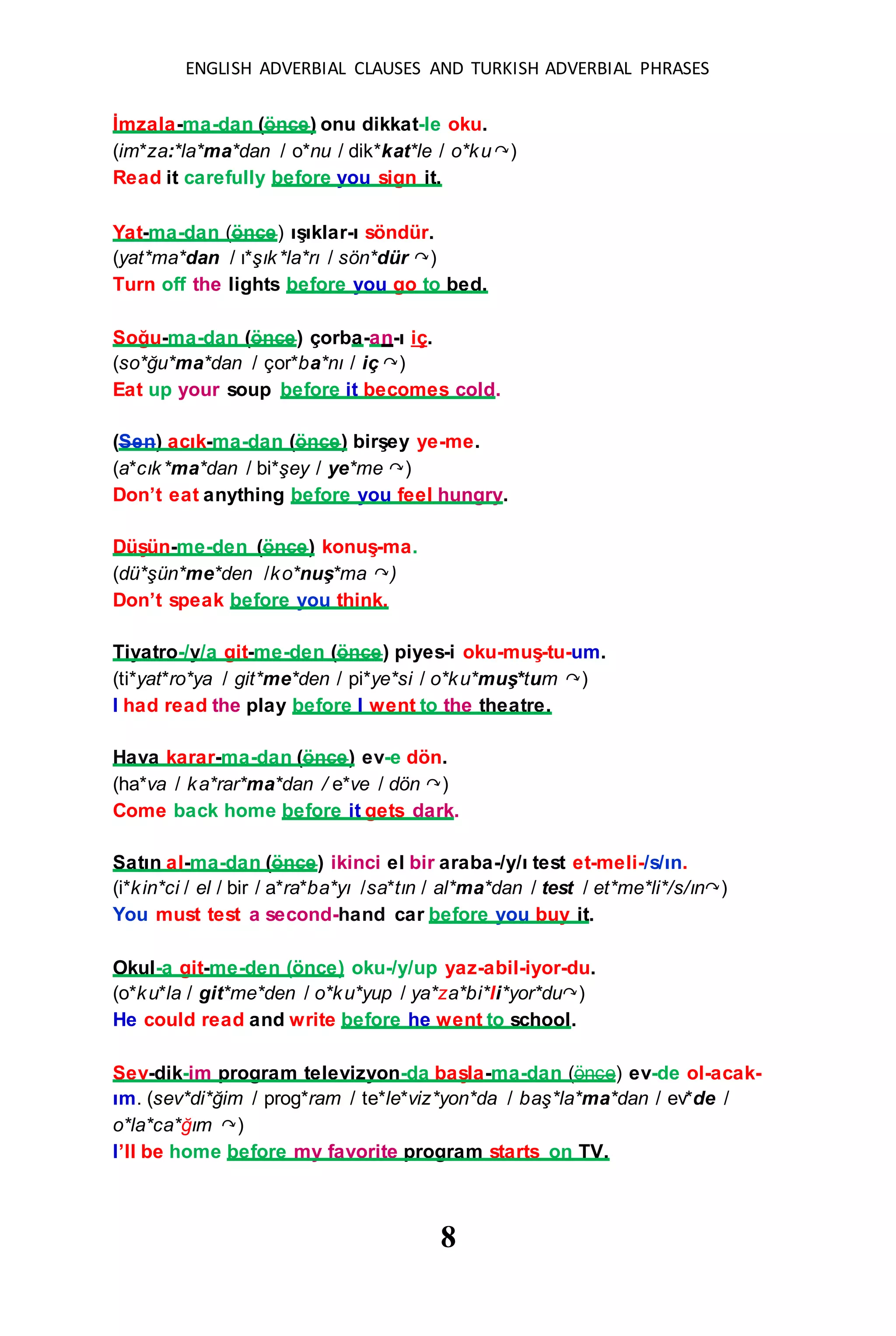 English adverbial clauses and turkish adverbial phrases (2) | DOCX | Homework and Study | Education