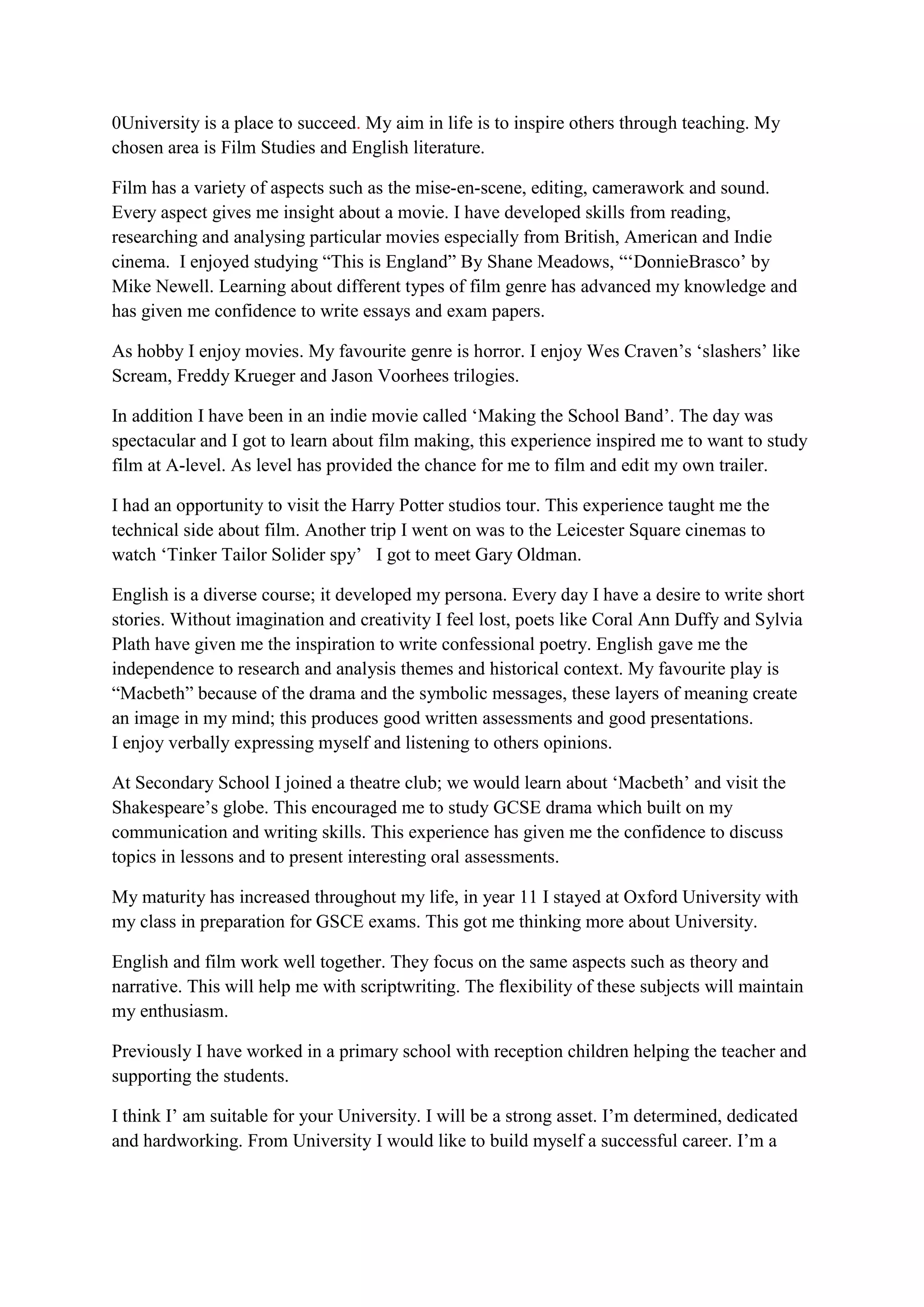 English and film studies personal statment | DOCX