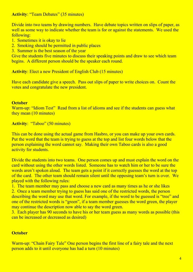 English club activities | PDF | Homework and Study | Education