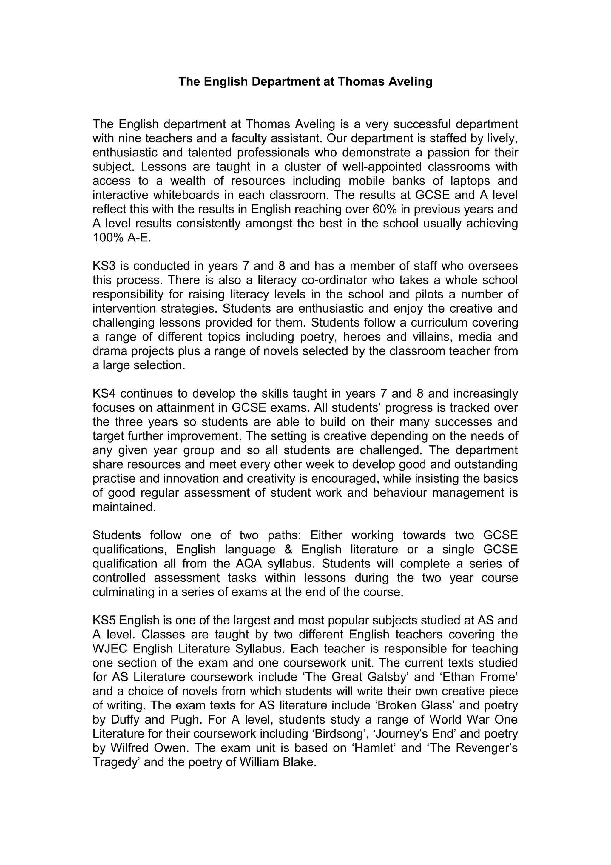 English department at thomas aveling (2) feb 13 | DOC