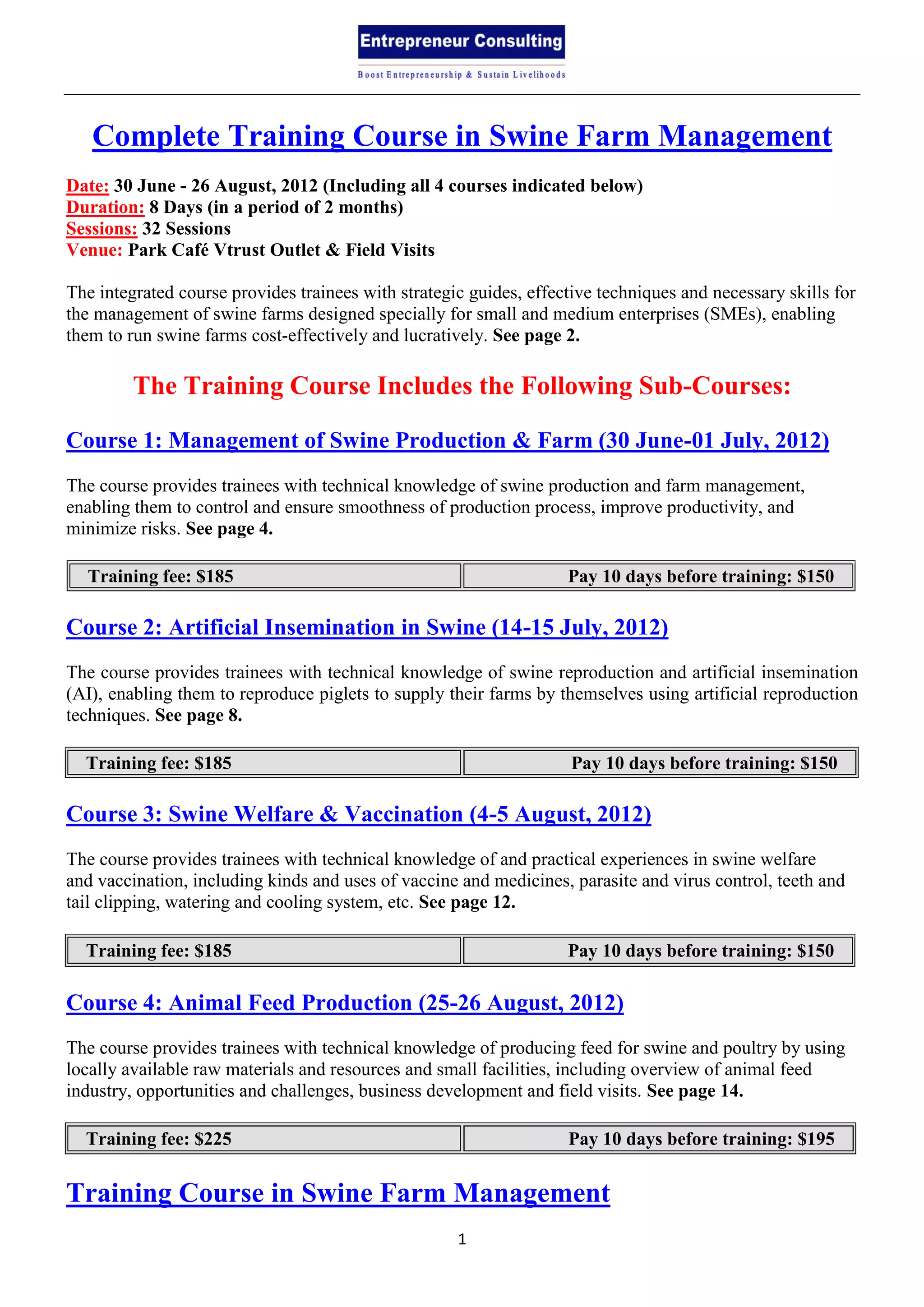 English details of training course in swine farm management | PDF