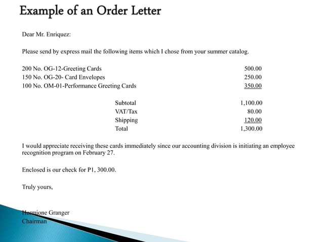 Order, Acknowledgement and Delay in Order Letter | PPT