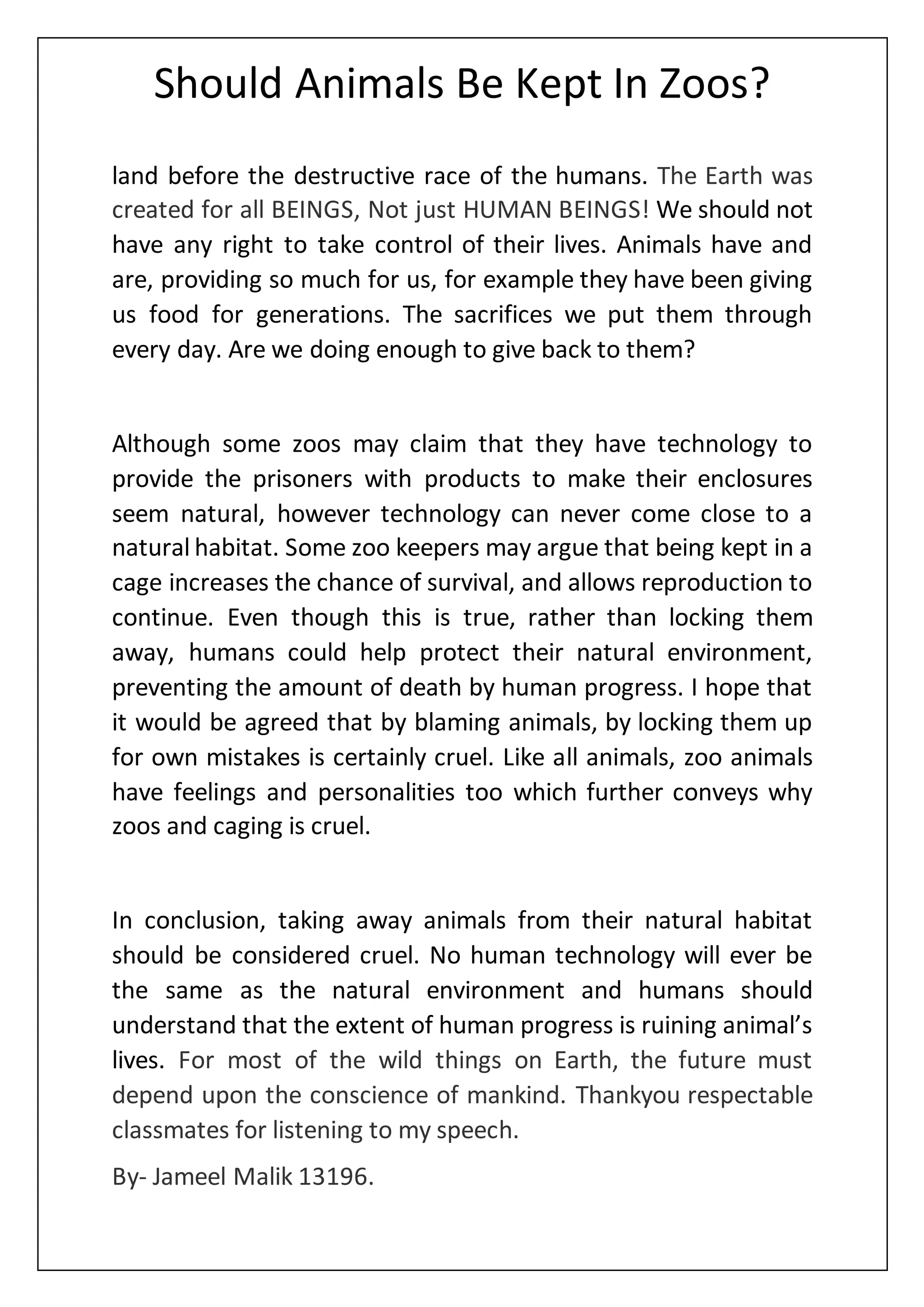 English Essay- Should Animals Be Kept In Zoos? | DOCX