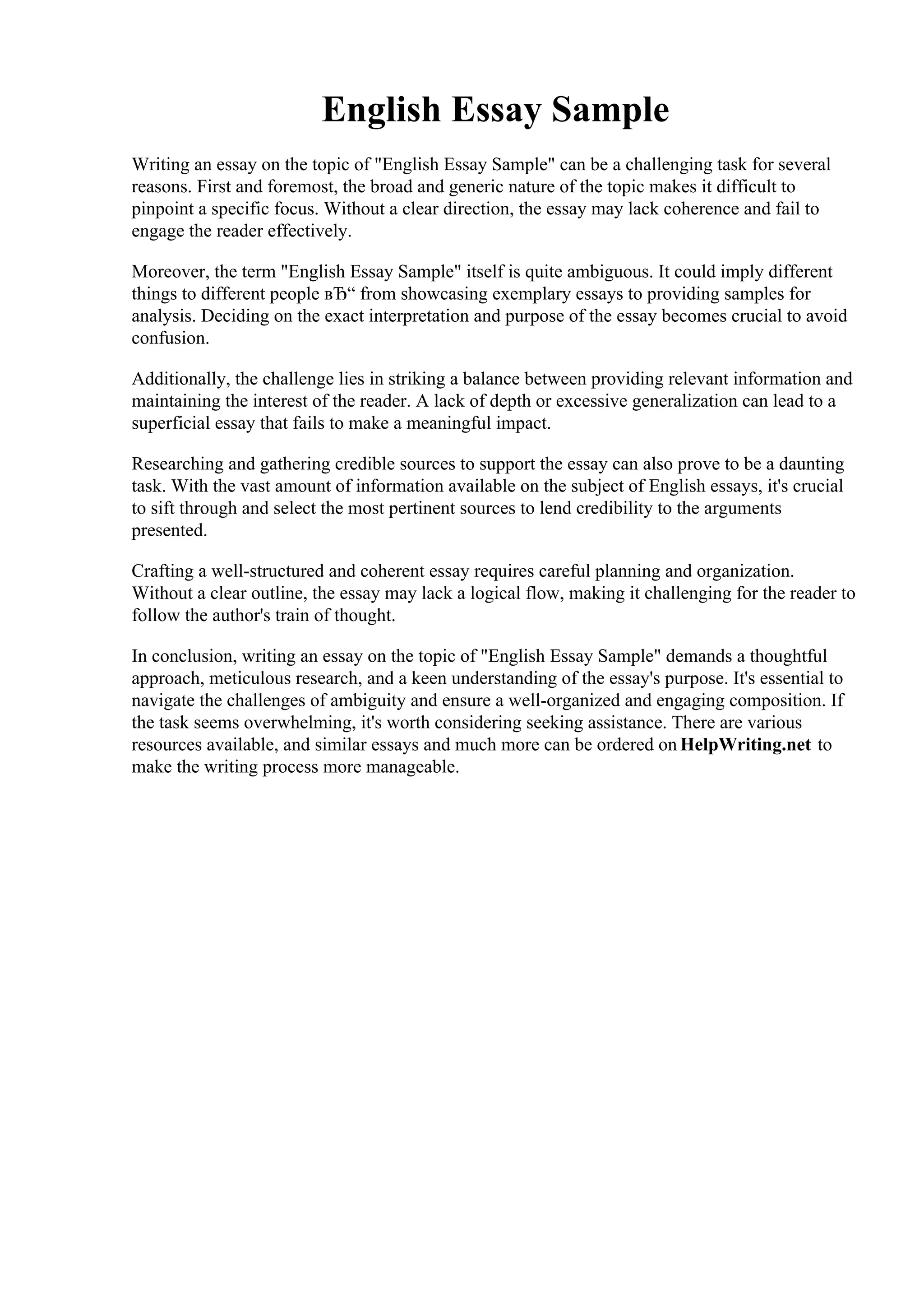 English Essay Sample. Studocu - Example of English Essay for English ...