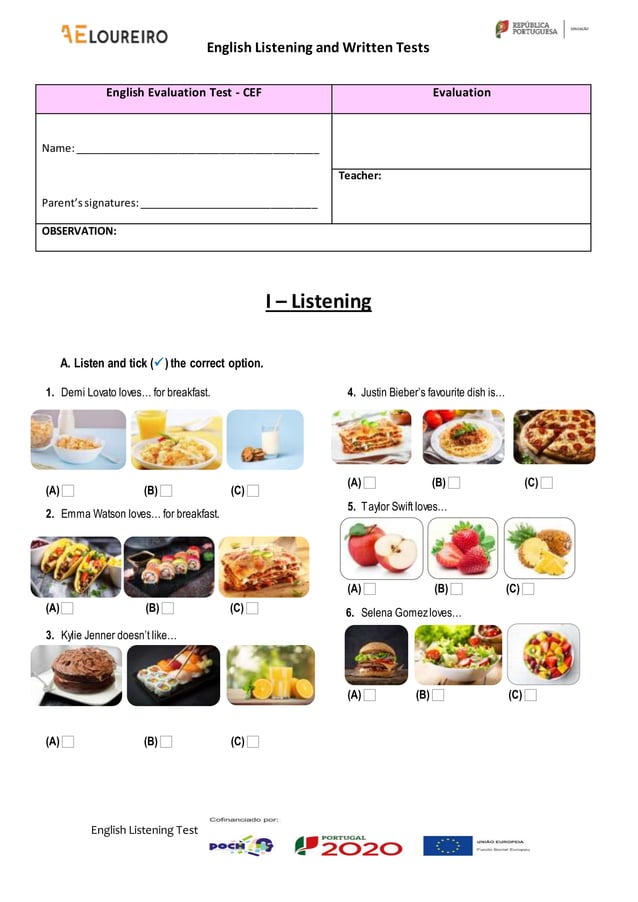 English evaluation test | DOCX | Nutrition | Healthy Living