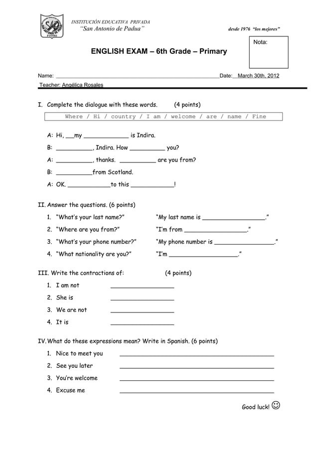 English exam prim 6 | PDF