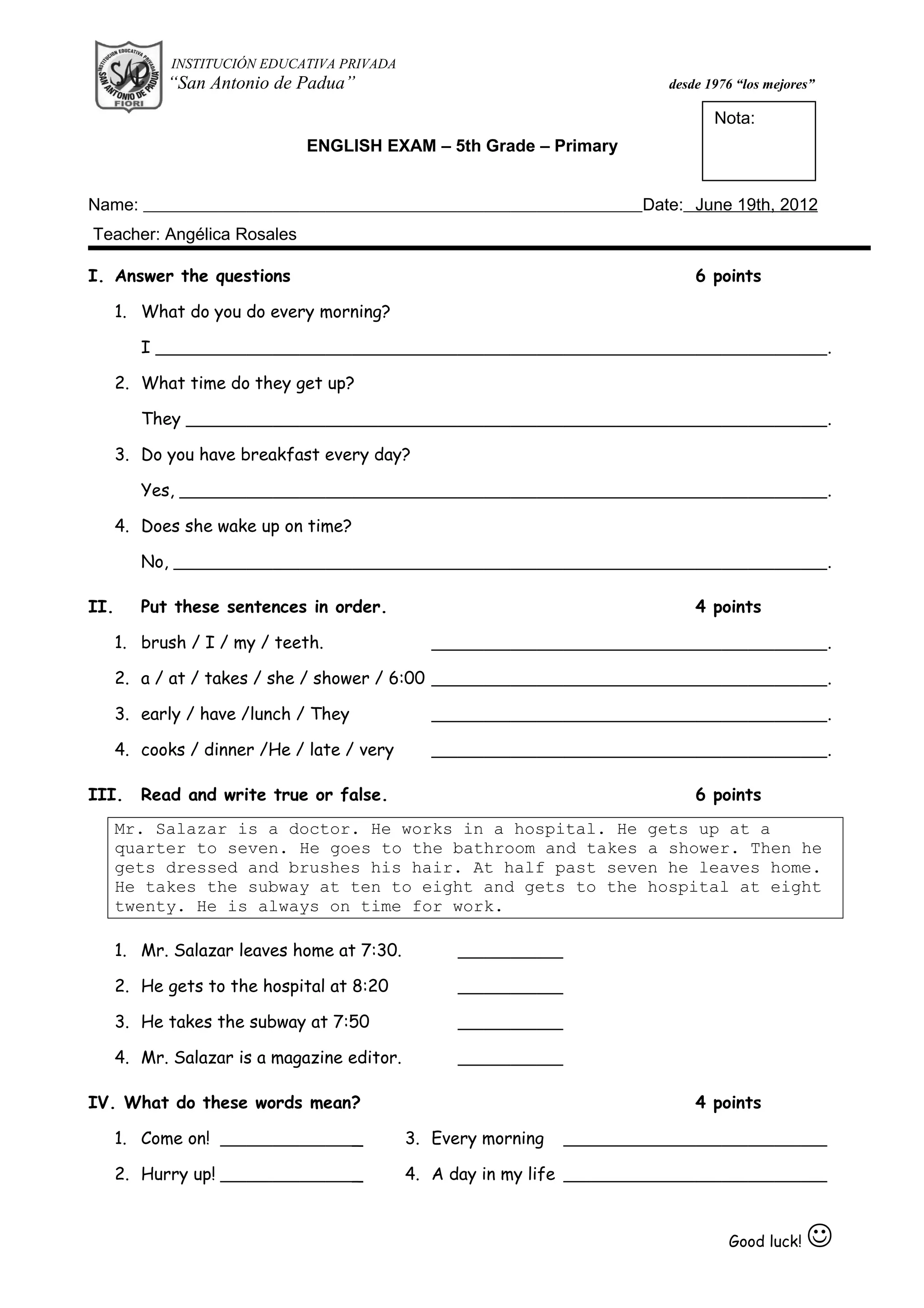 English exam 2 bim prim 5 | DOC | Educational Assessment | Education