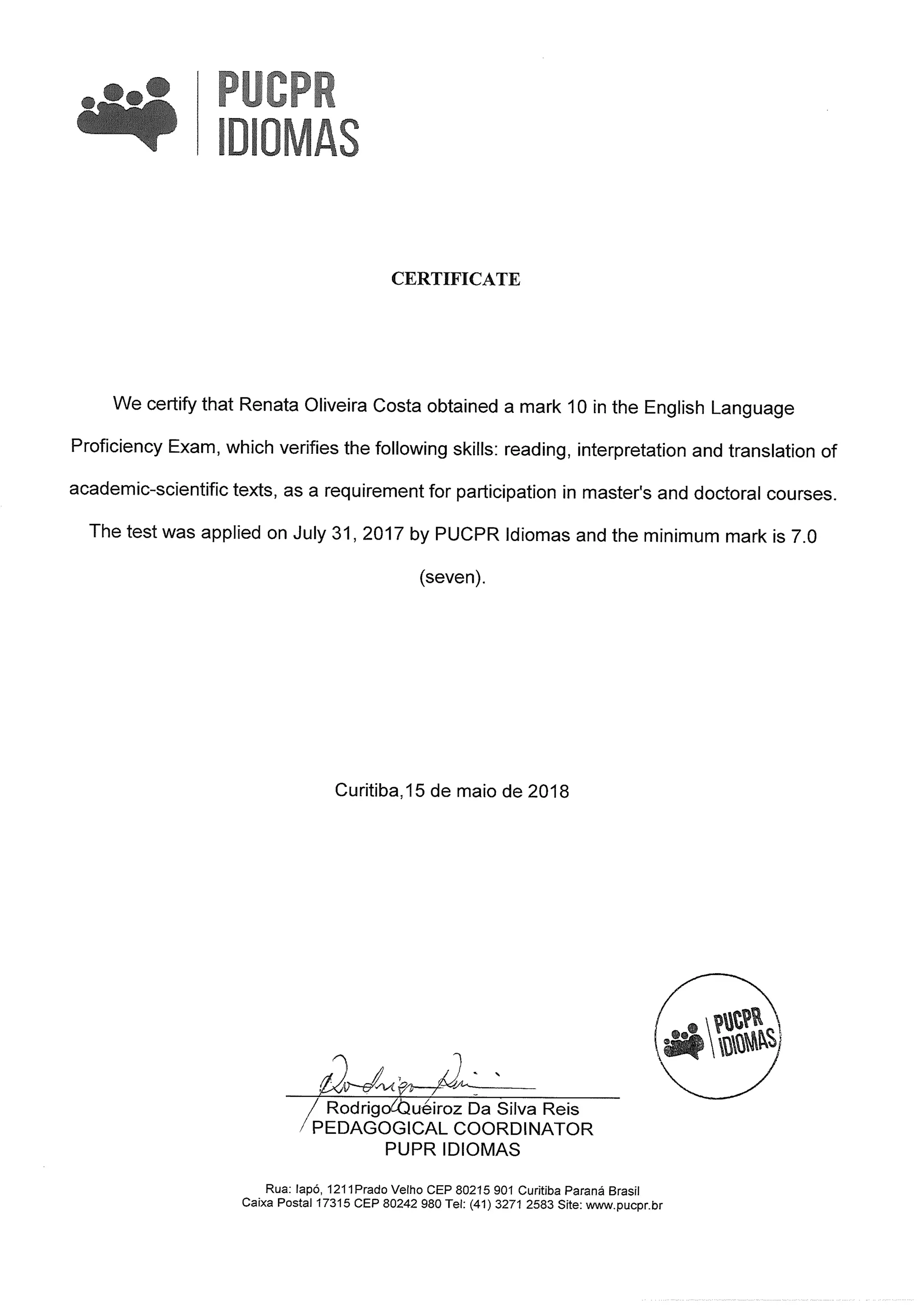 English exam certificate renata oliveira costa | PDF
