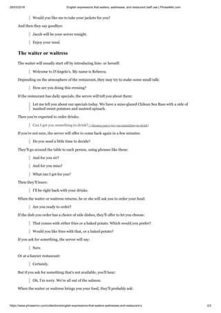 English expressions that waiters, waitresses, and restaurant staff use ...