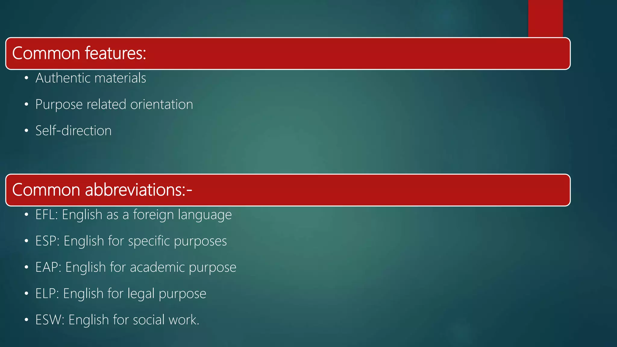 English for specific purpose | PPTX | Professional School | Postgraduate Education