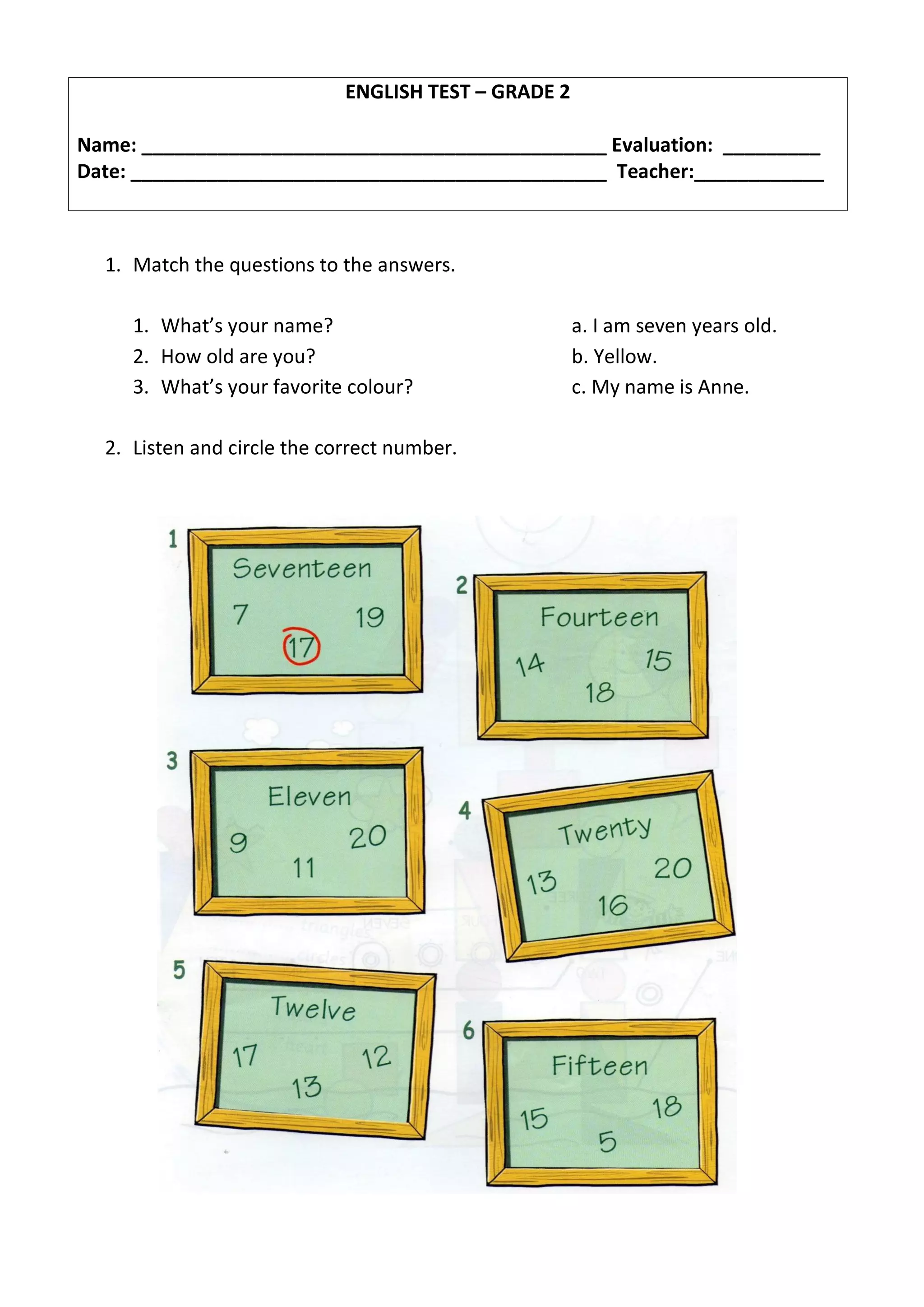 English grade 2 test | PDF