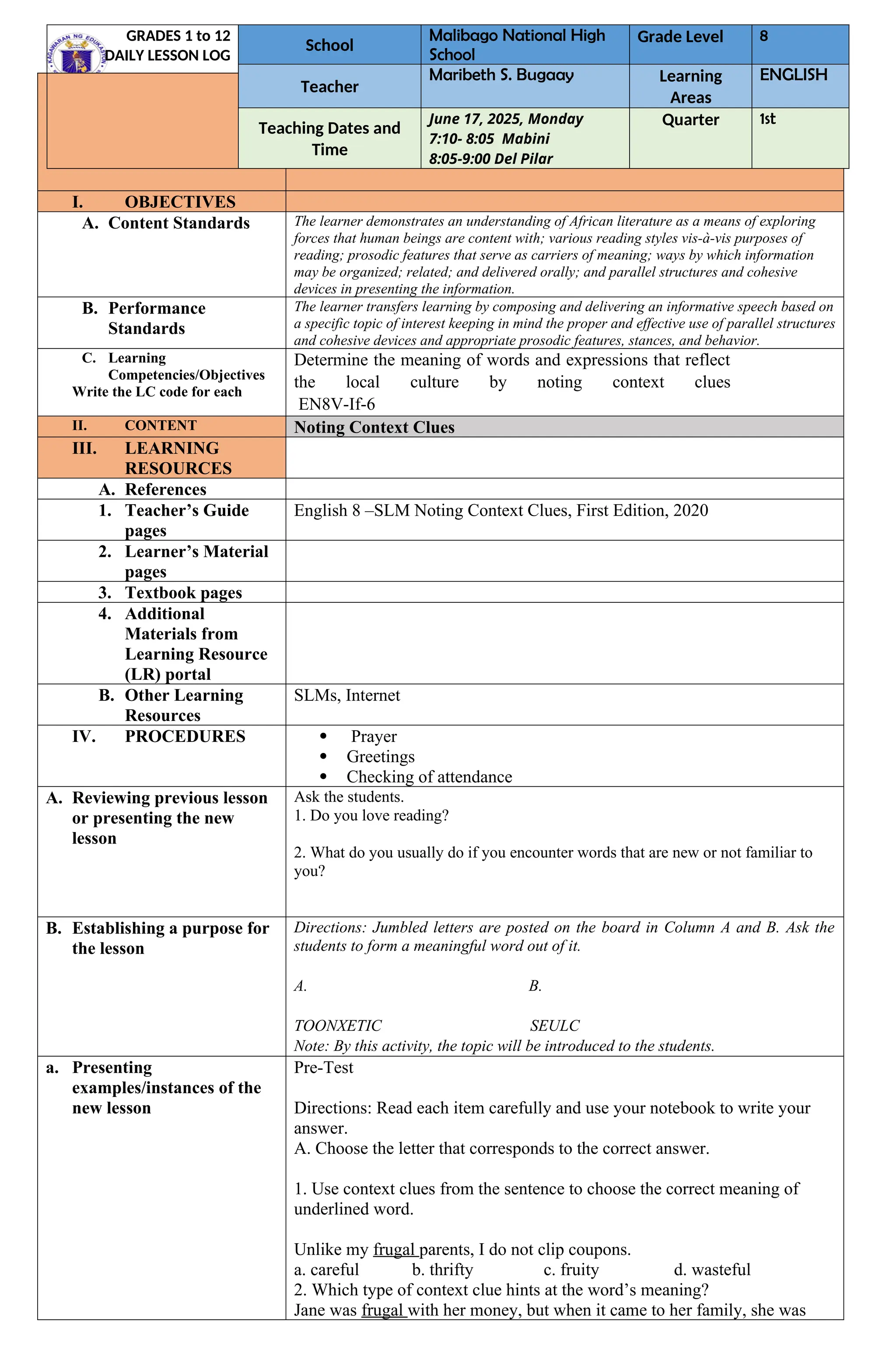 English Grade 8 - Lesson 1- COntext Clues | DOCX