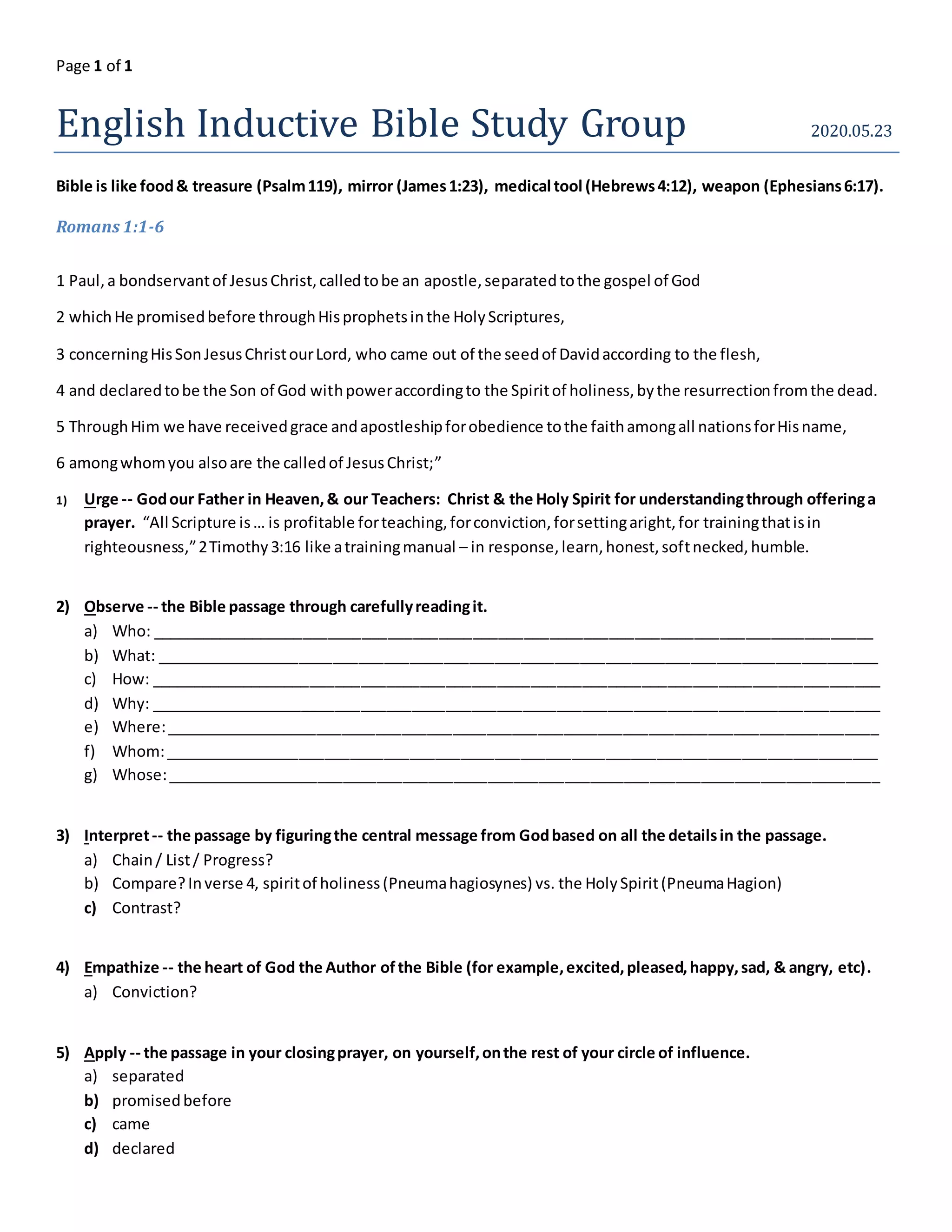 English inductive bible study on Romans 1:1-6 | DOCX