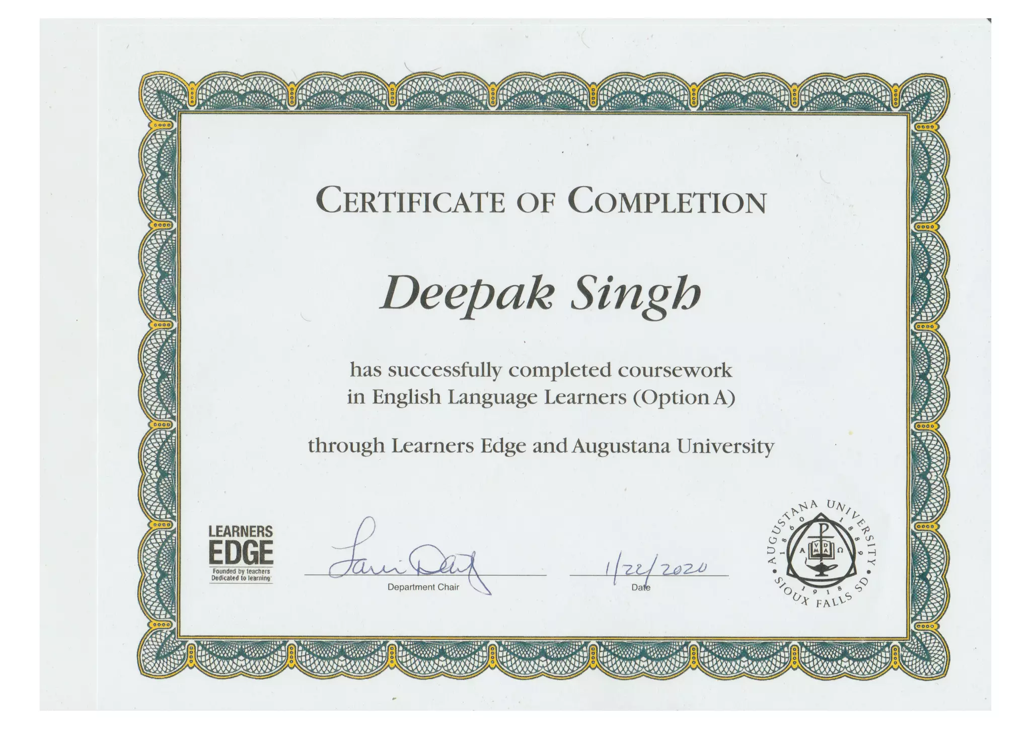 English Language Learners Graduate Certificate of Deepak (Danny) Singh ...