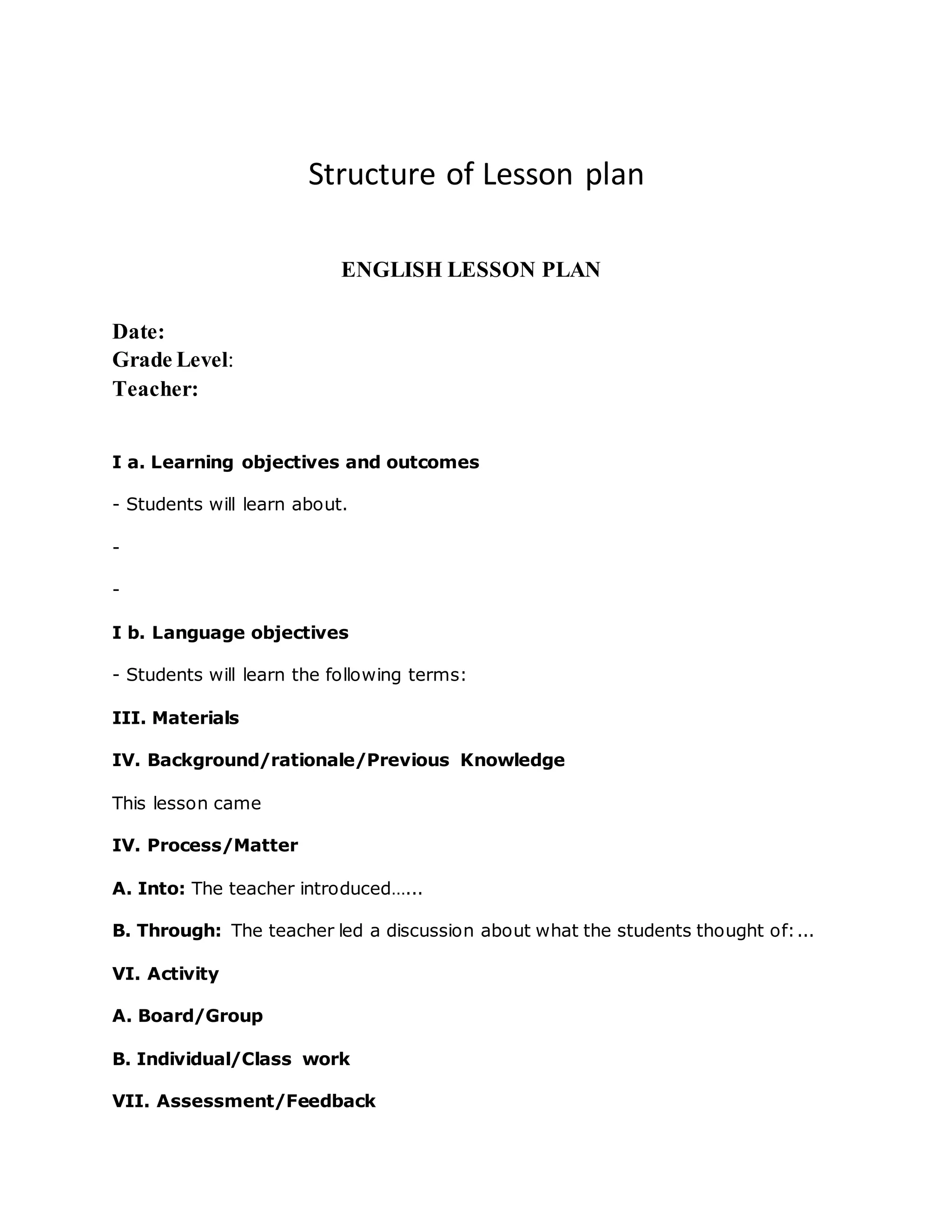 English lesson plan | PDF