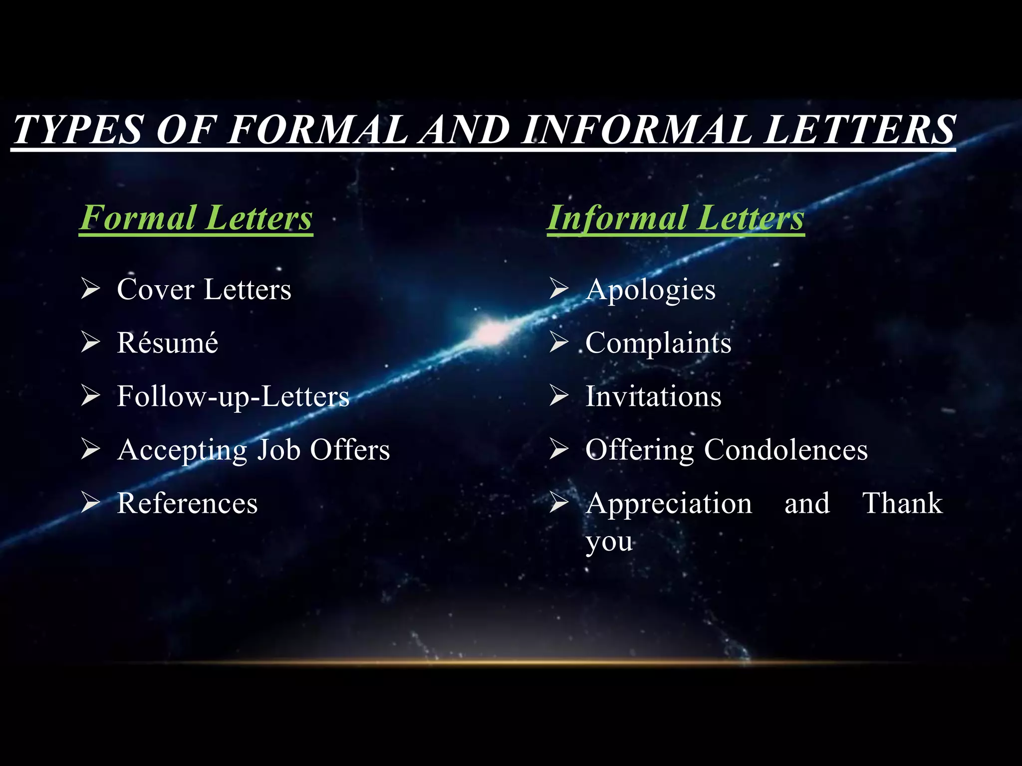 Letterss and its types. letter samples . applications | PPT