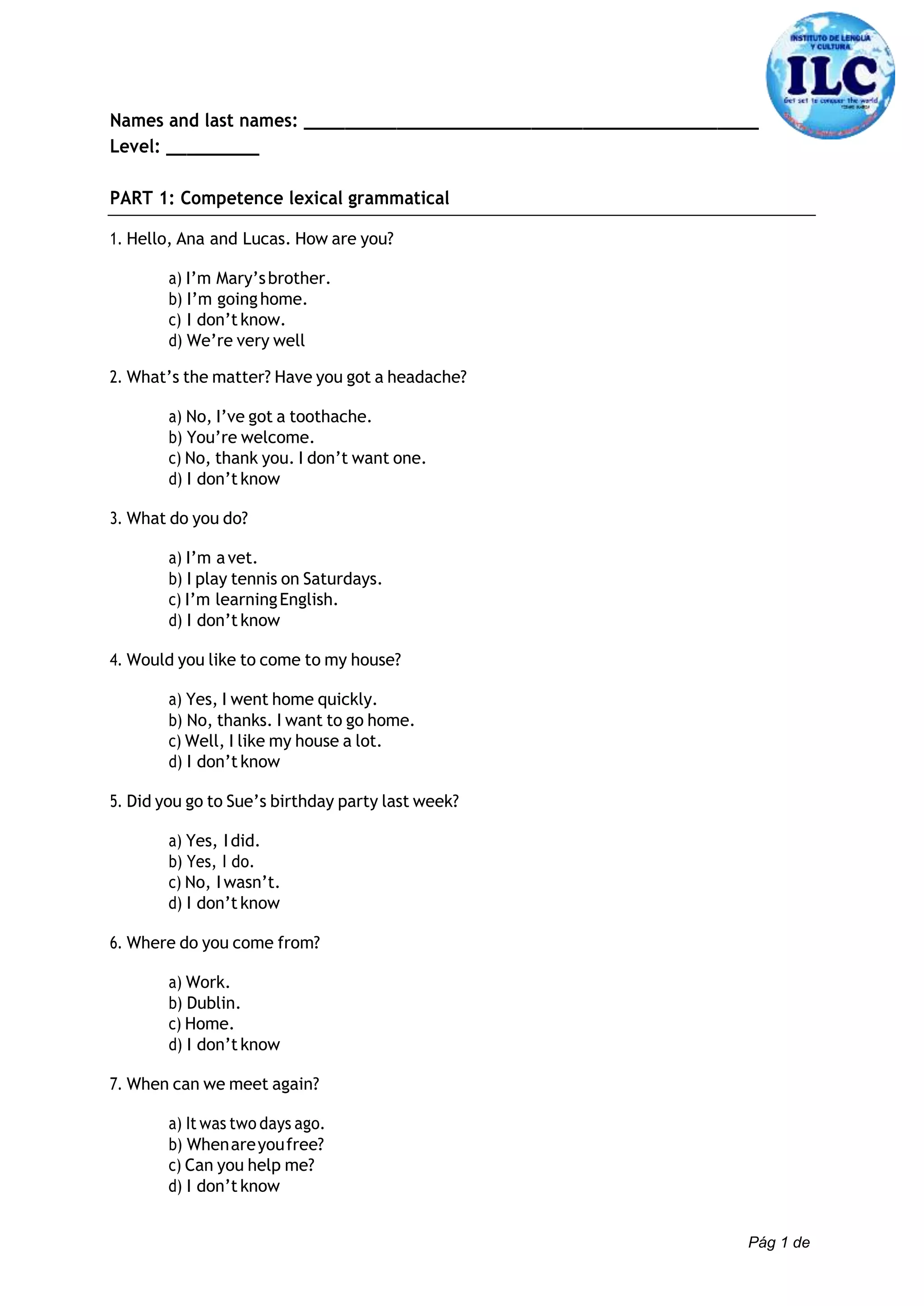 English level test | PDF | Education