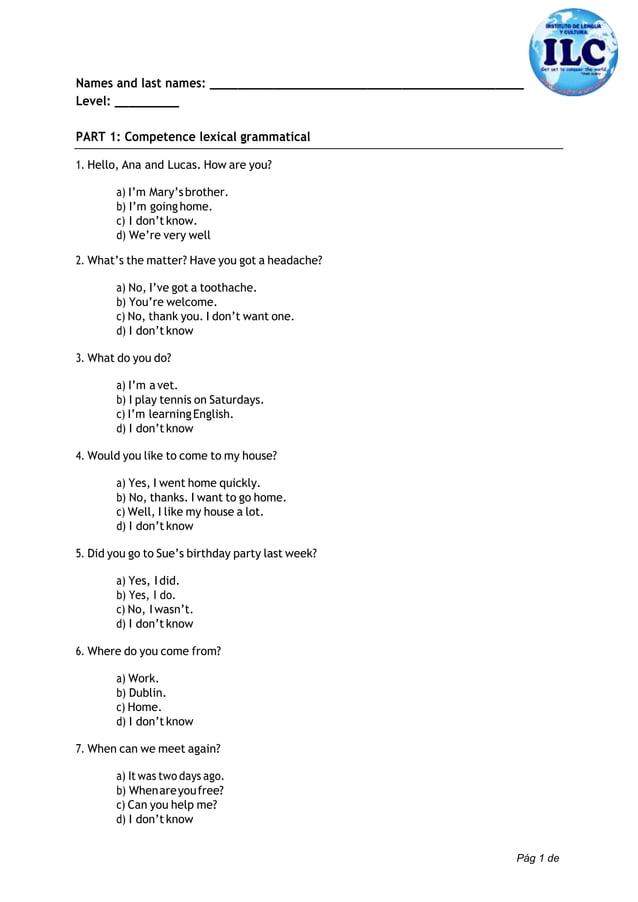 English level test | PDF | Education