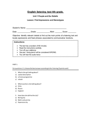 English listening test 4th grade | DOCX