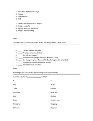 English listening test 4th grade | DOCX