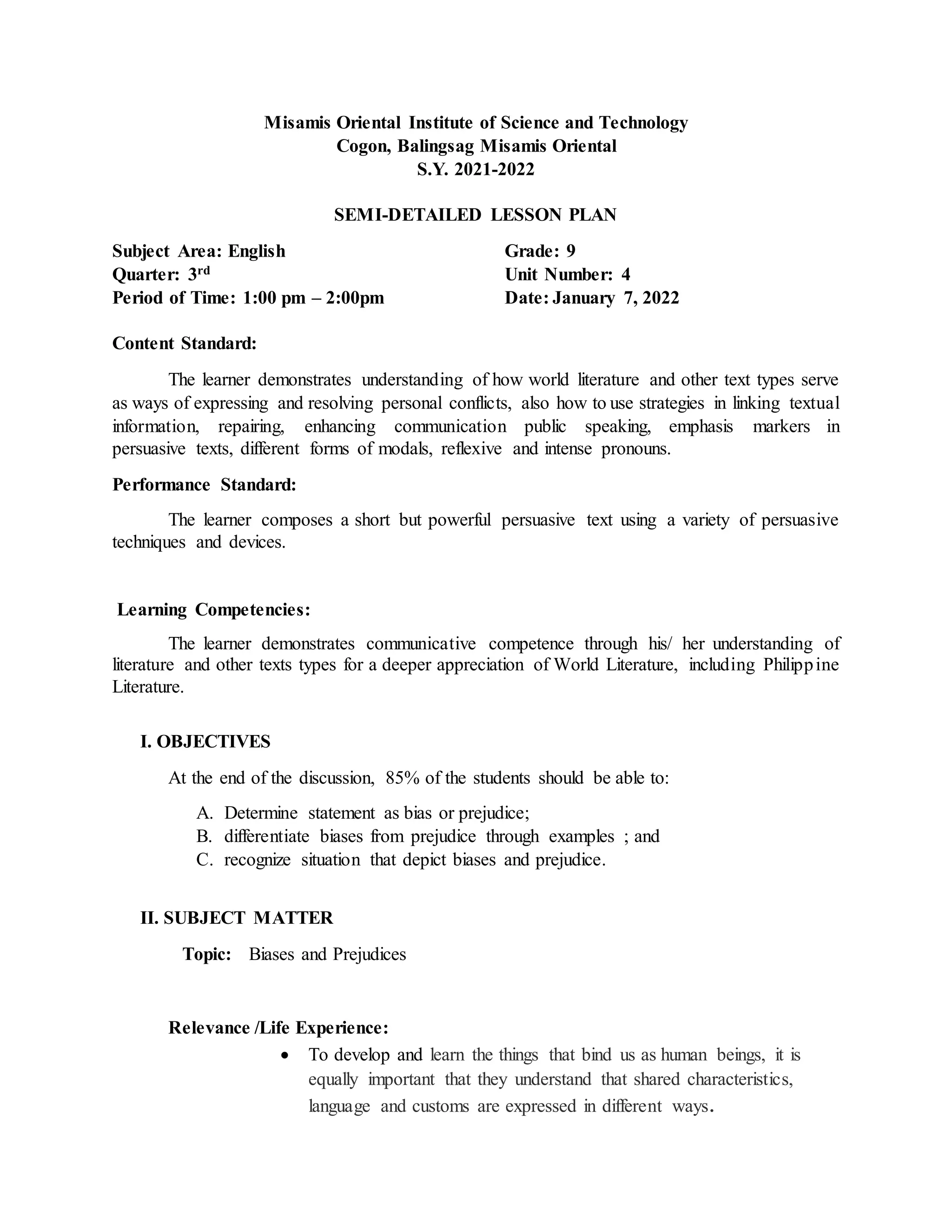 English LP- Bias and Prejudice Grade 9.docx