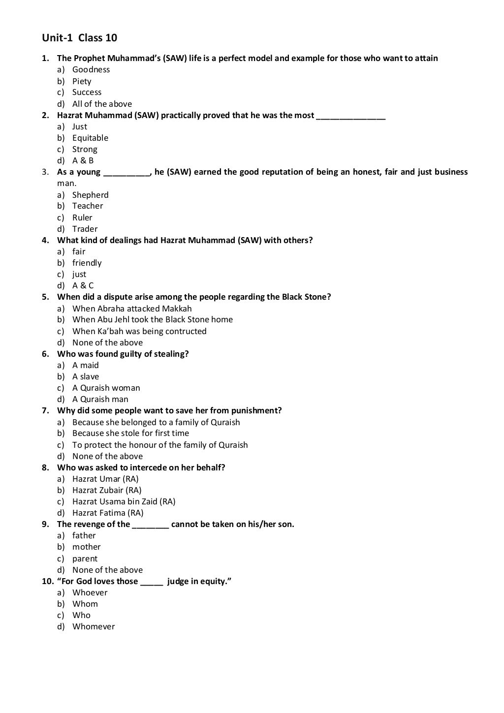 English Mcqs Unit 1 Class 10 Fbise