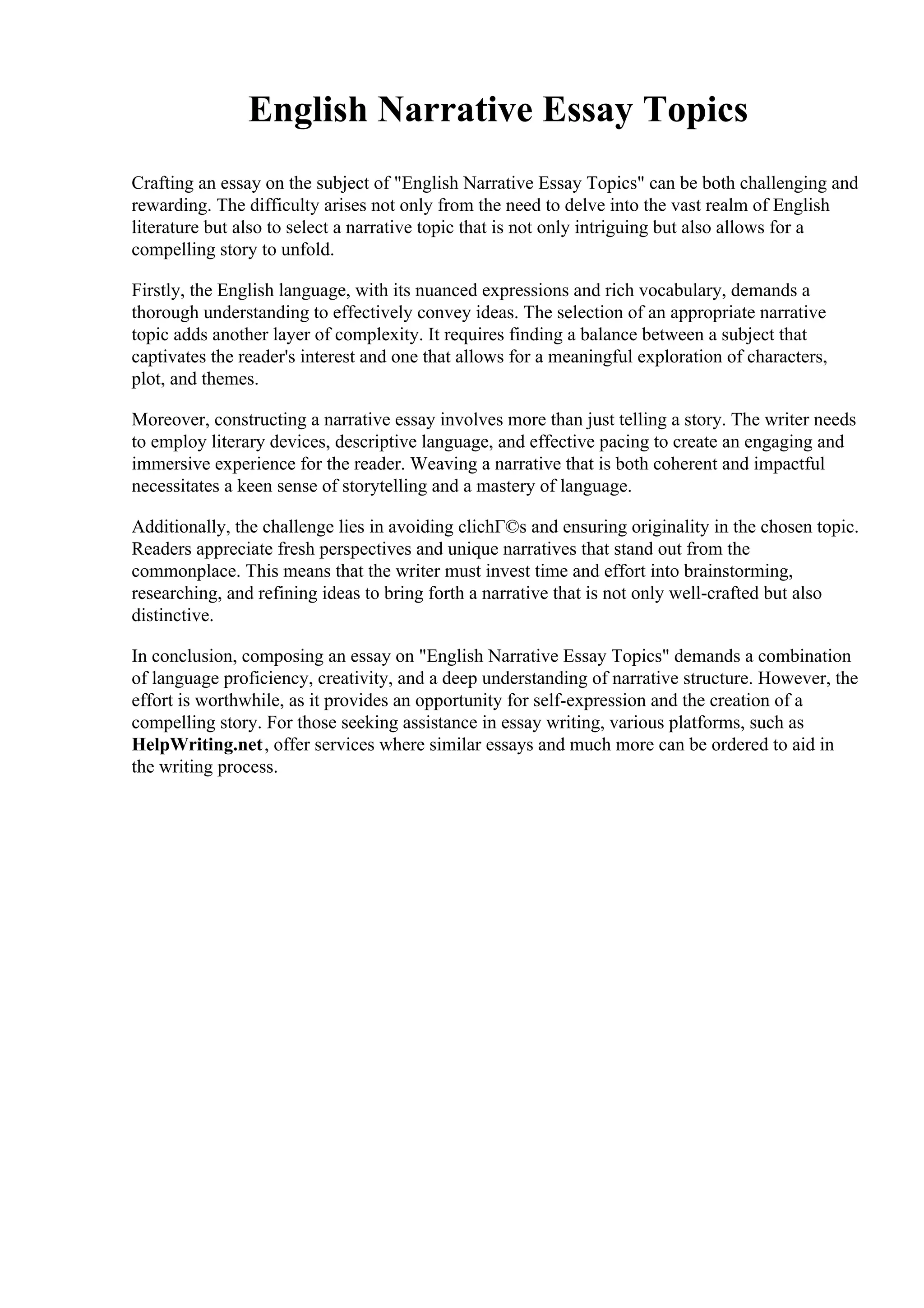 English Narrative Essay Topics. StuDocu University | PDF