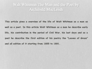 English research project on Walt Whitman poetry | PPTX