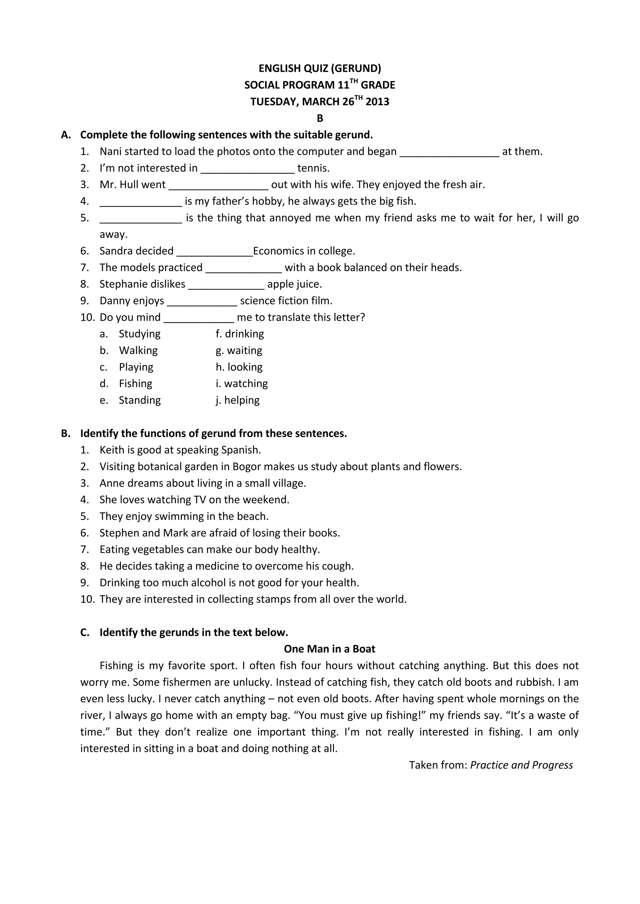 English quiz b gerund | DOCX