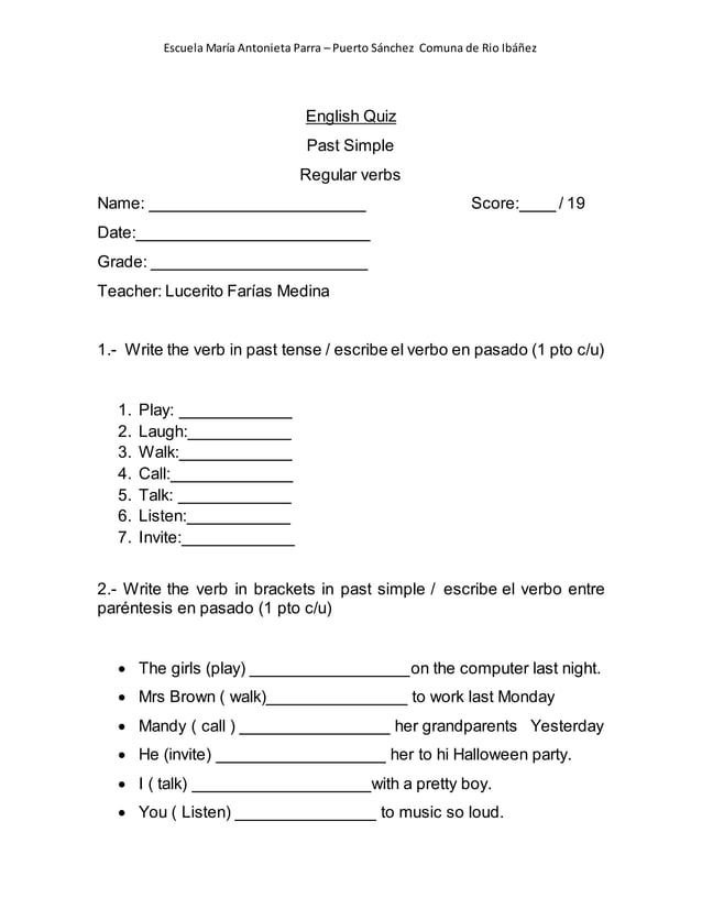 Regular verbs English quiz