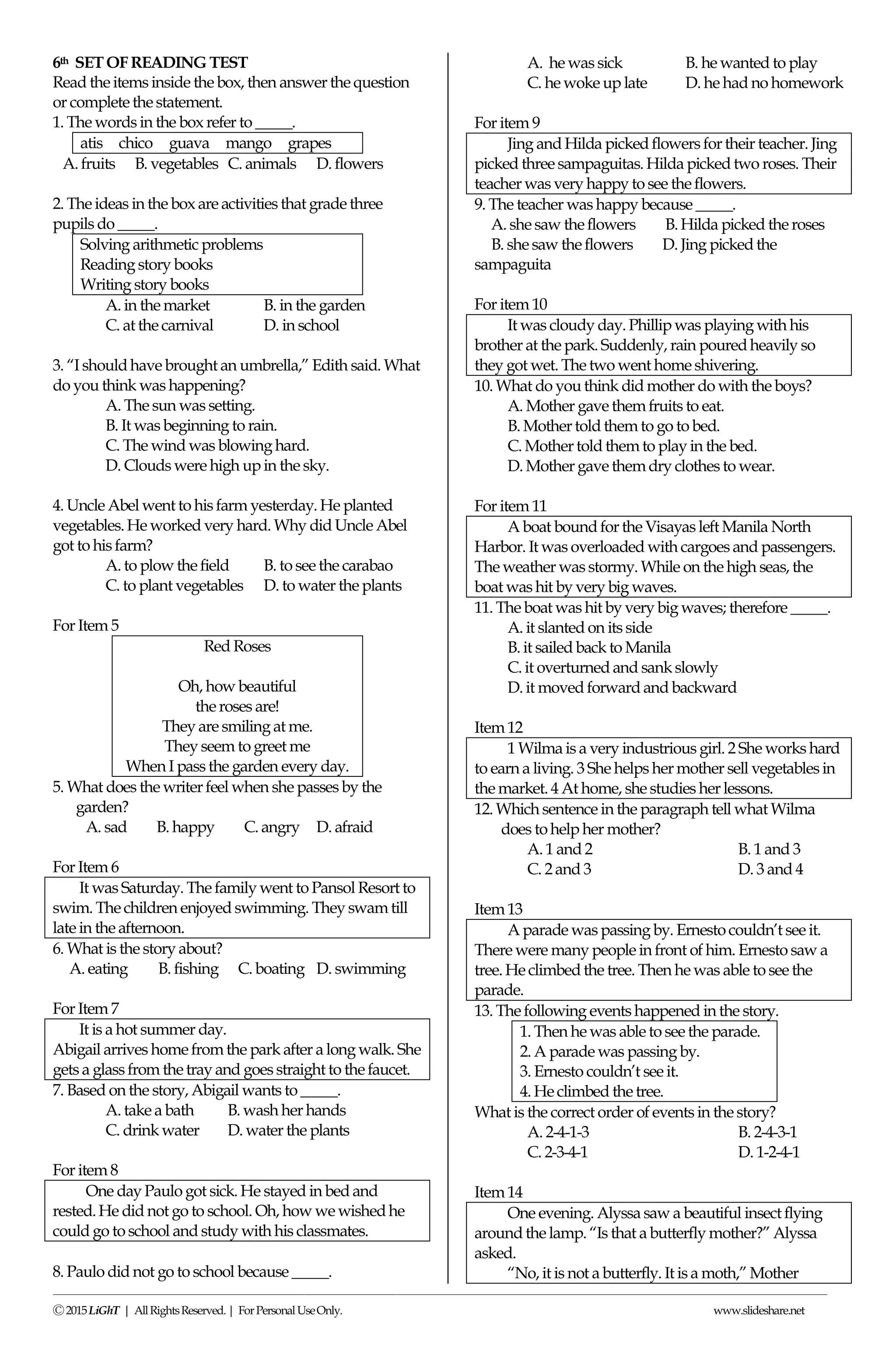 K to 12 Grade 3 ENGLISH READING NAT (National Achievement Test ...