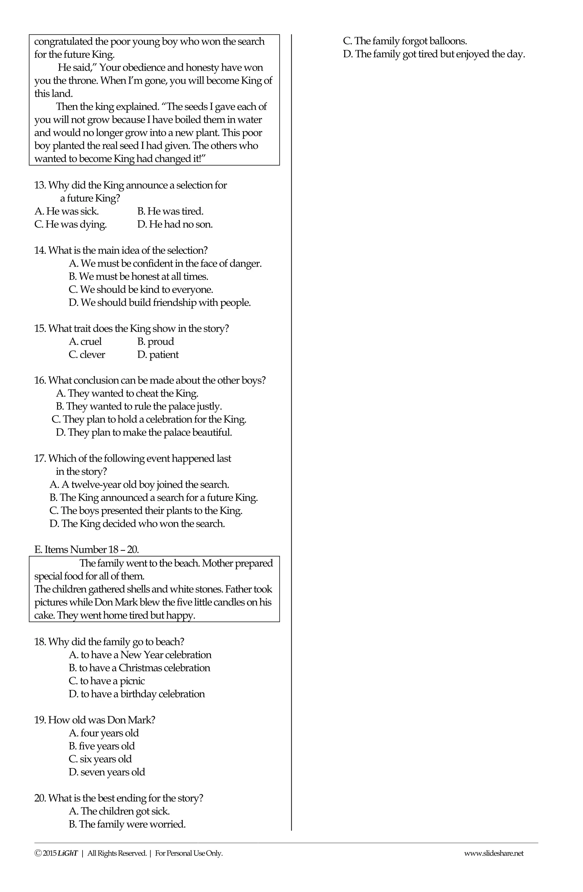 K to 12 Grade 3 ENGLISH READING NAT (National Achievement Test ...