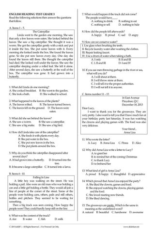 K to 12 Grade 3 ENGLISH READING NAT (National Achievement Test ...