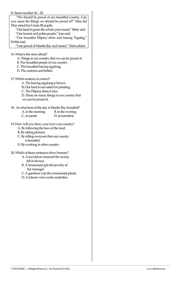 K to 12 Grade 3 ENGLISH READING NAT (National Achievement Test ...