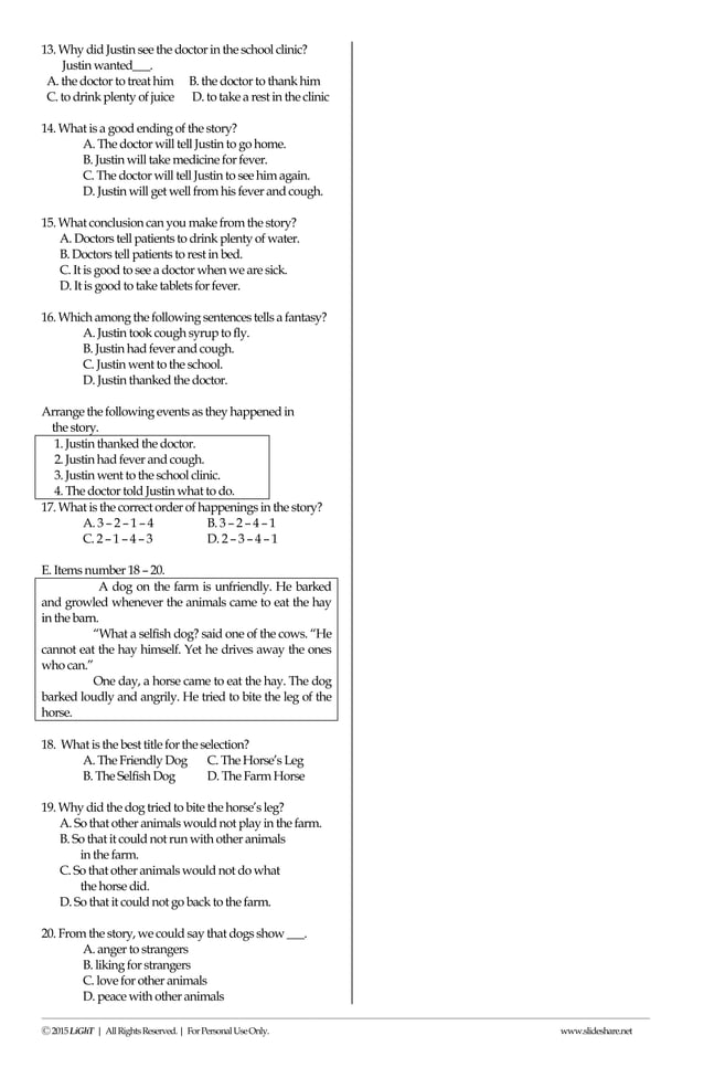 K to 12 Grade 3 ENGLISH READING NAT (National Achievement Test ...