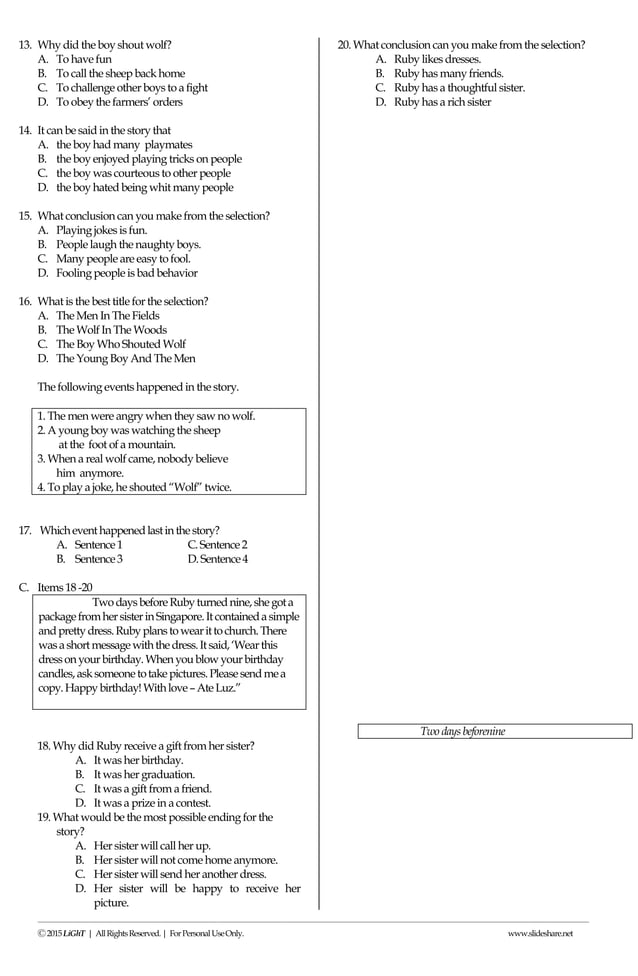 K to 12 Grade 3 ENGLISH READING NAT (National Achievement Test ...