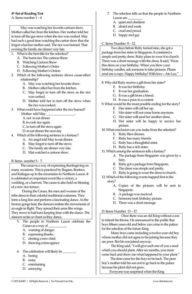 K to 12 Grade 3 ENGLISH READING NAT (National Achievement Test ...