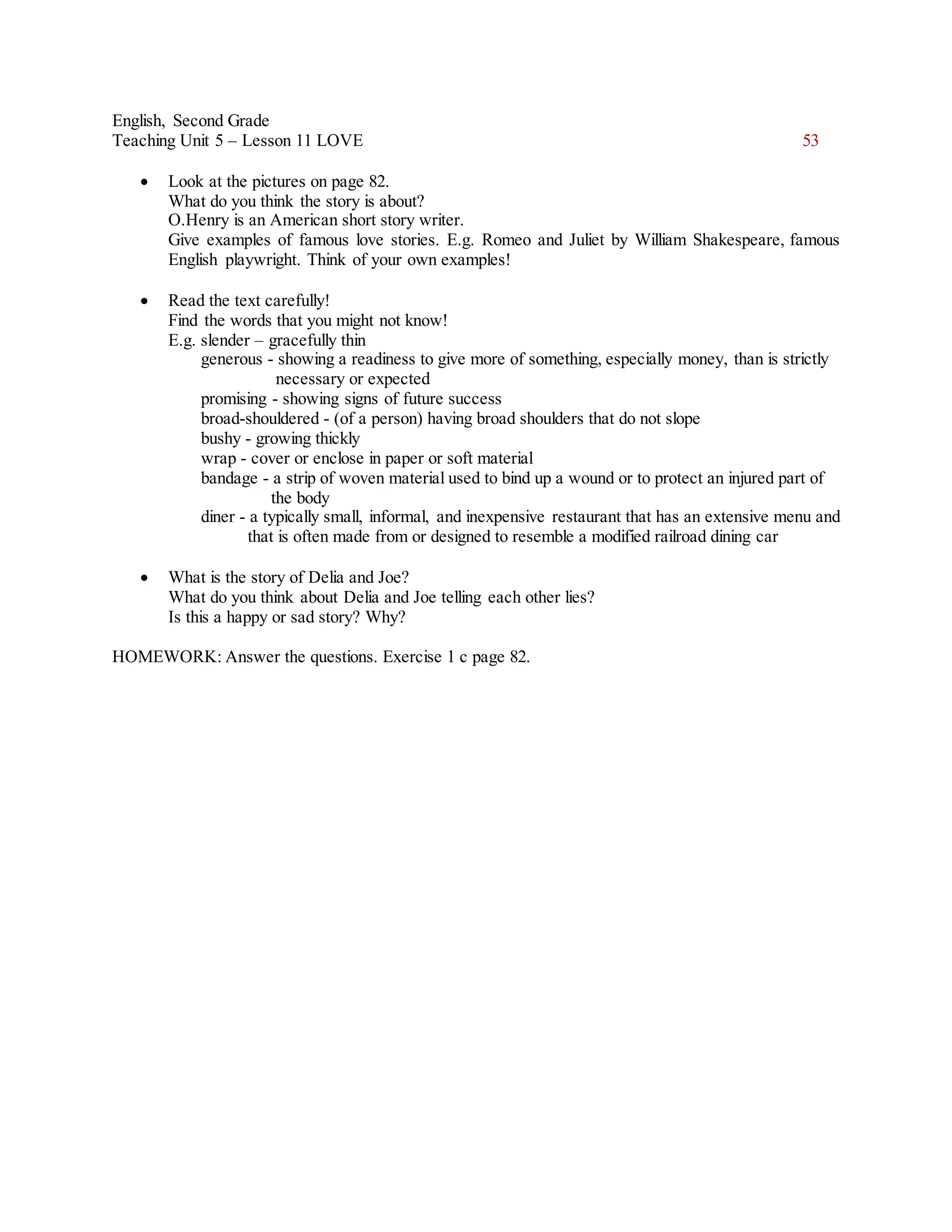 English second grade teaching unit 5 | DOCX