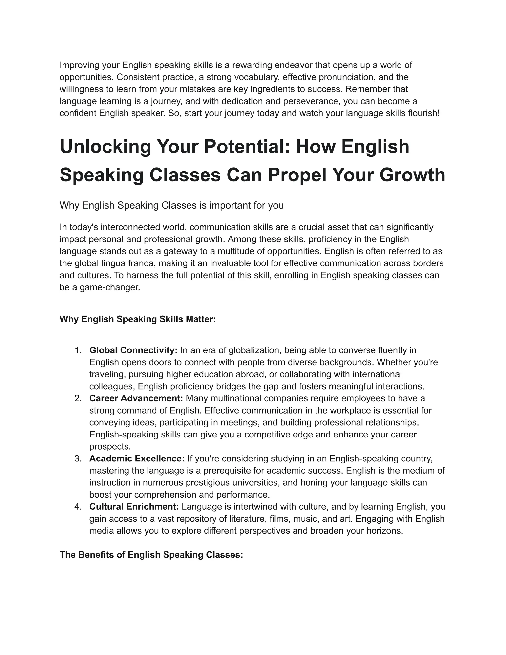 English speaking classes article online for everyone | PDF