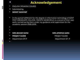 A PROJECT ON ENGLISH SPEAKING COURSE Submitted for partial fulfillment ...