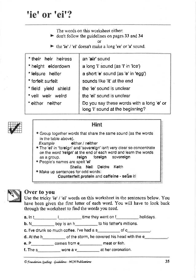 Spelling Rules IE Ei Words Worksheet
