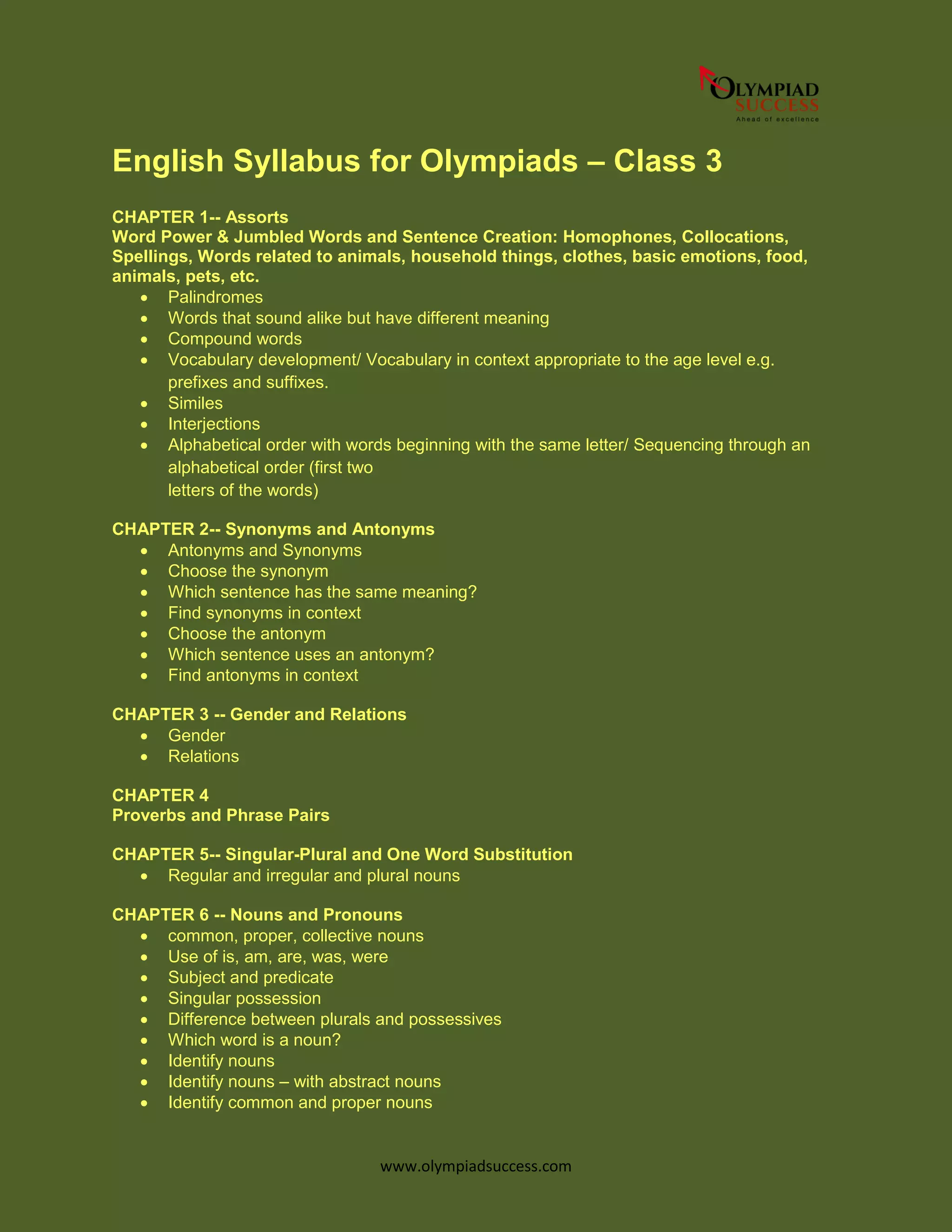 English Syllabus for Olympiads - Class 3 | PDF