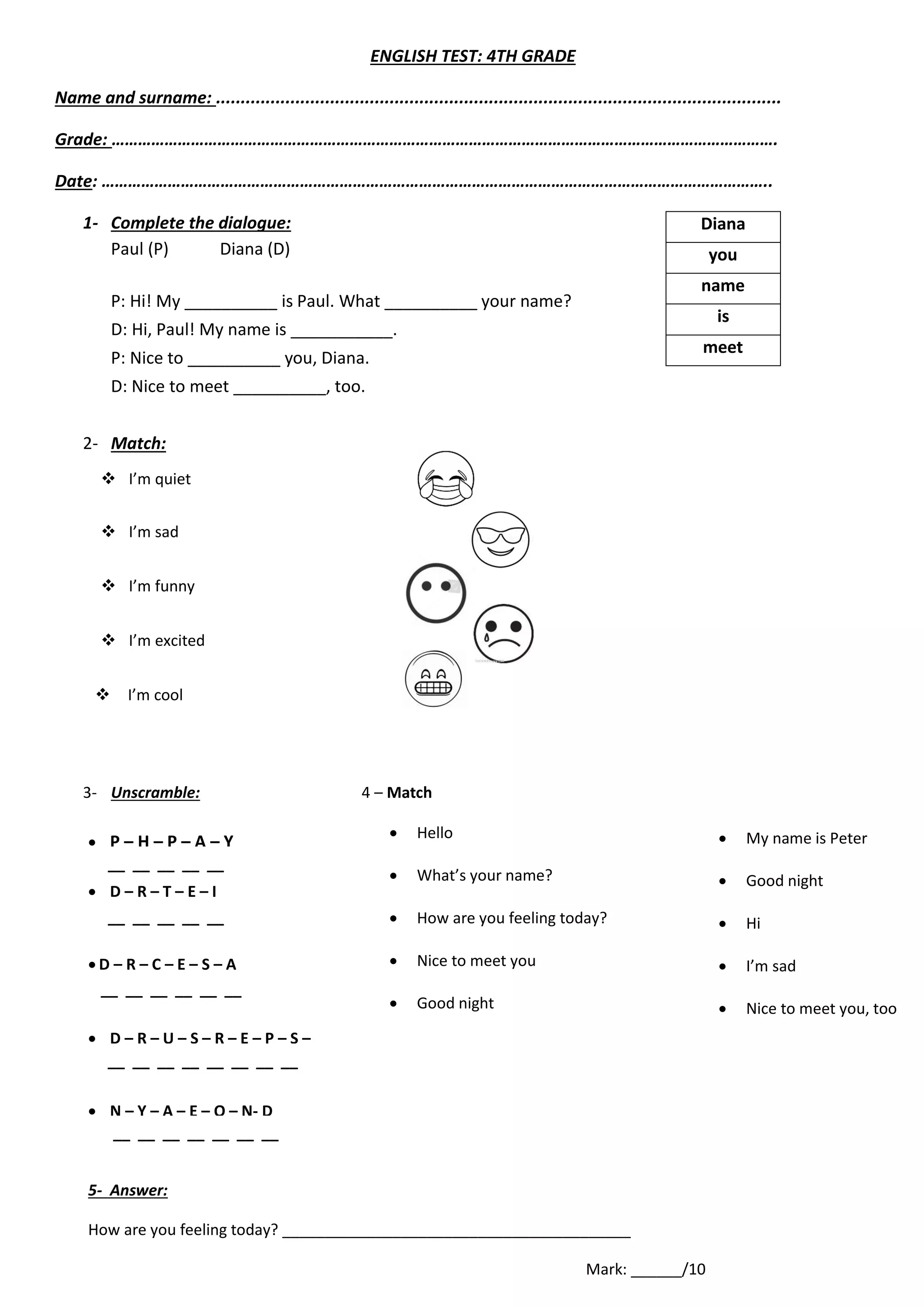 English Test 4 Th Grade Pdf
