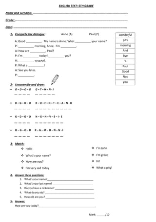 English test 5th grade | PDF