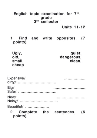 English test for 7th grade.3 item 1 | PDF